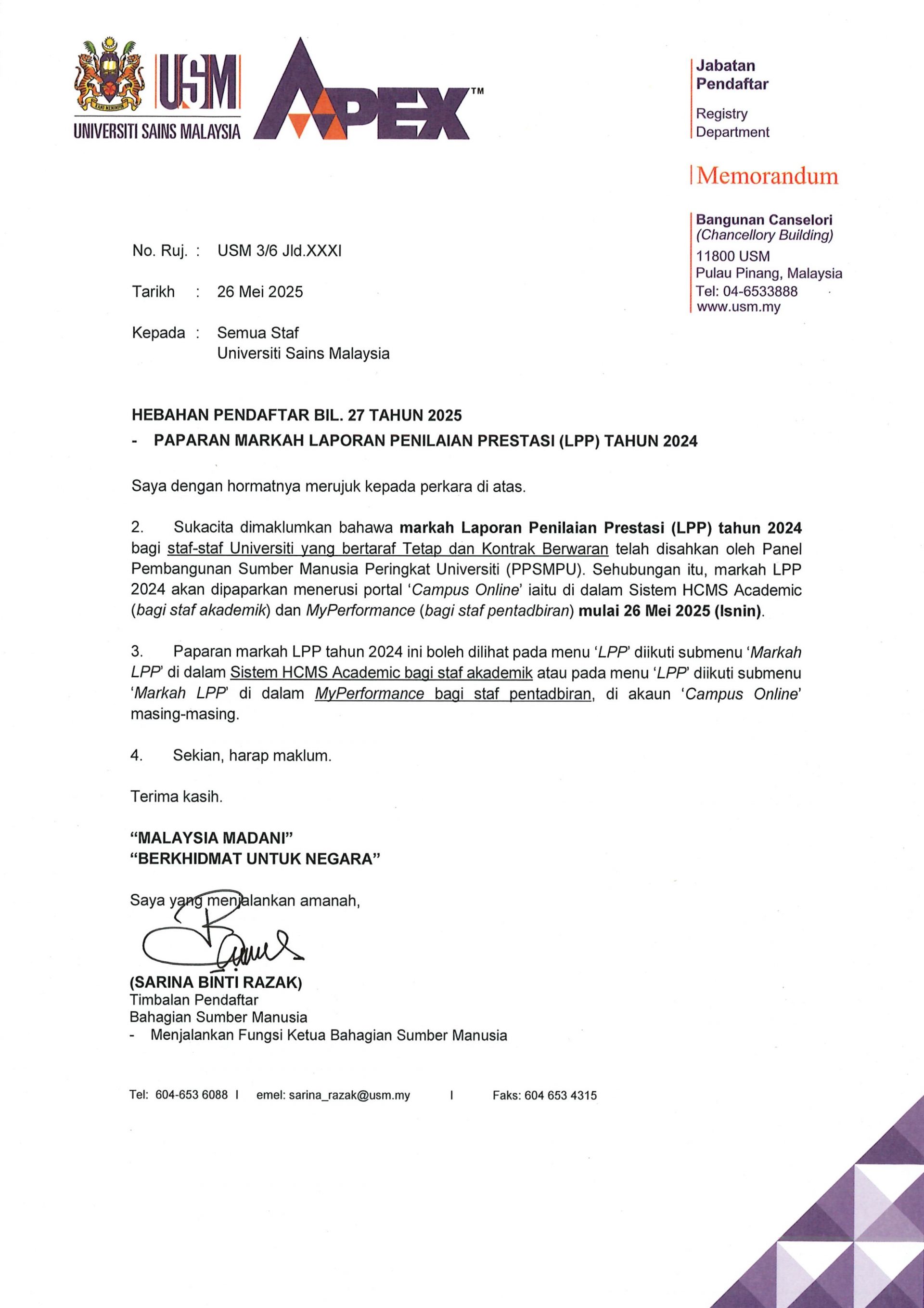 HEBAHAN PENDAFTAR BIL. 27 TAHUN 2025 - PAPARAN MARKAH LAPORAN PENILAIAN ...